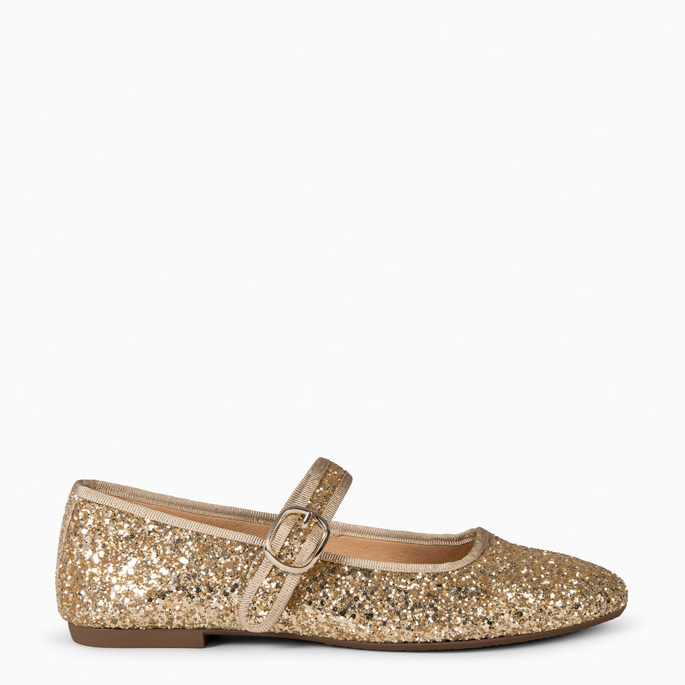 CLARA - Mary Jane à bout carré en glitter DORÉ | miMaO